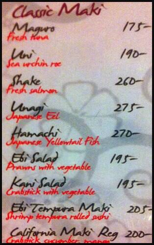 Menu at Shokuji restaurant, Makati, San Agustin Street