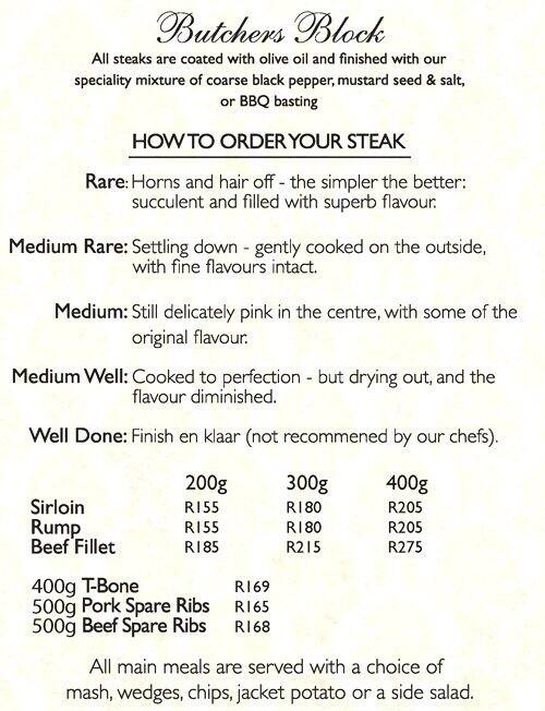 Menu at The Famous Butcher's Grill restaurant, Cape Town, 101 ...