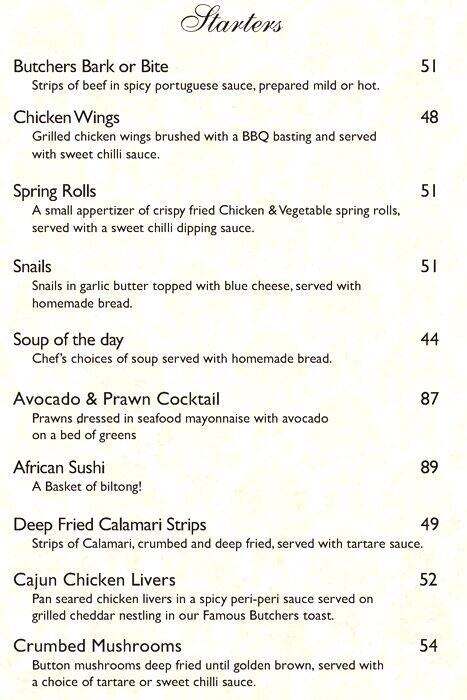 Menu at The Famous Butcher's Grill restaurant, Cape Town, 101 ...