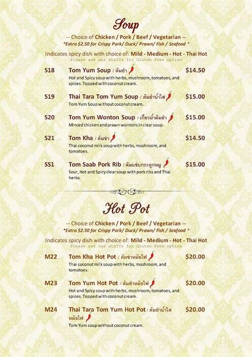Menu at Thai Tara Restaurant, Wellington