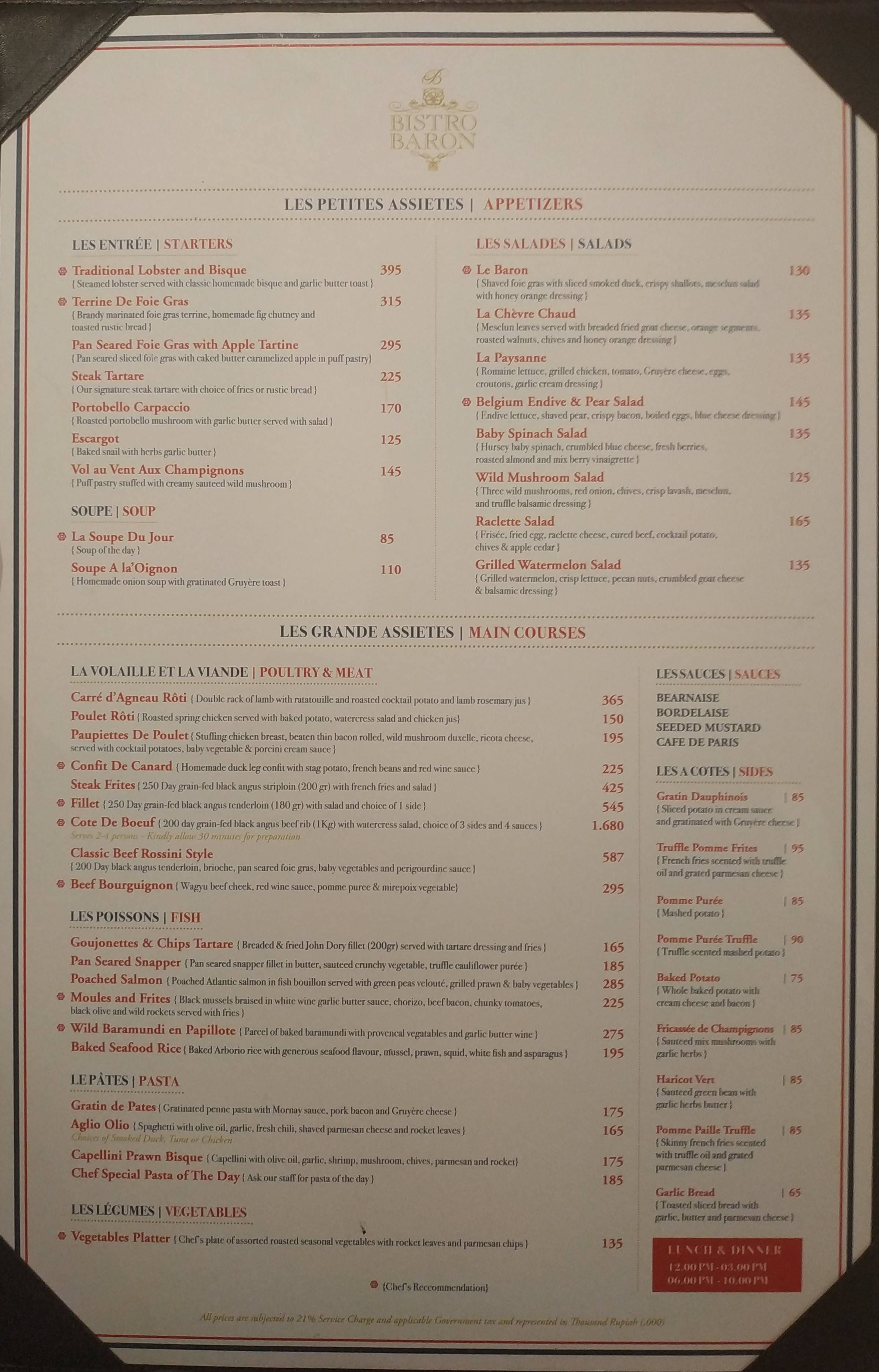 Menu at Bistro Baron, Jakarta, Jl. M.H. Thamrin No.28-30