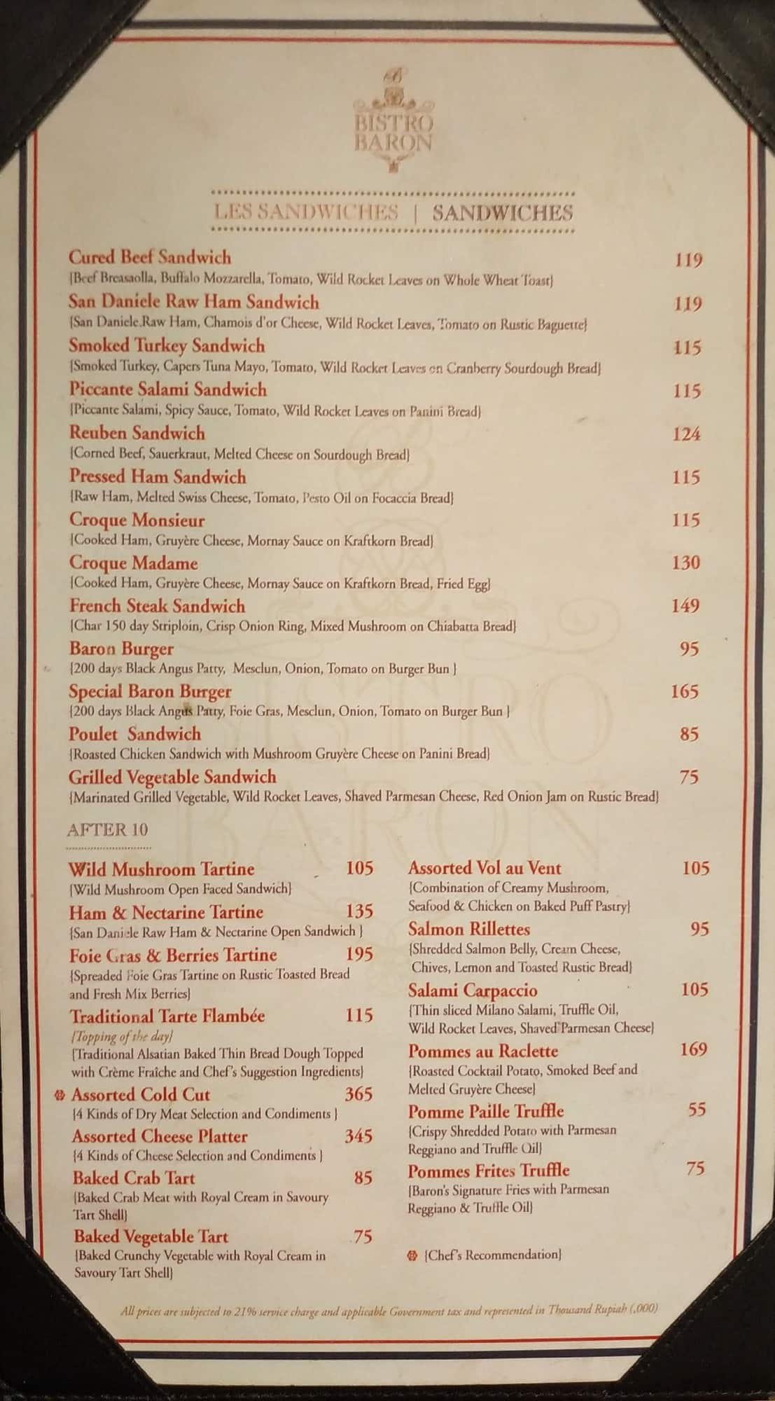 Menu at Bistro Baron, Jakarta, Jl. M.H. Thamrin No.28-30