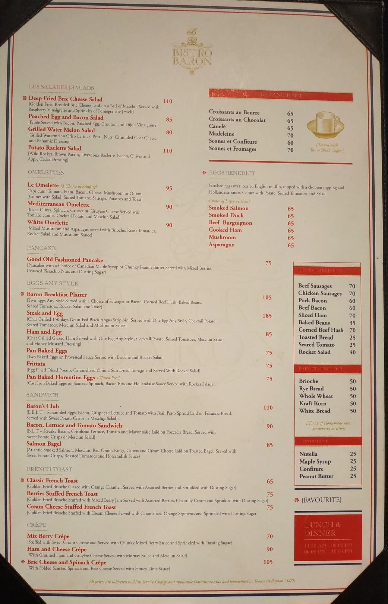 Menu at Bistro Baron, Jakarta, Jl. M.H. Thamrin No.28-30