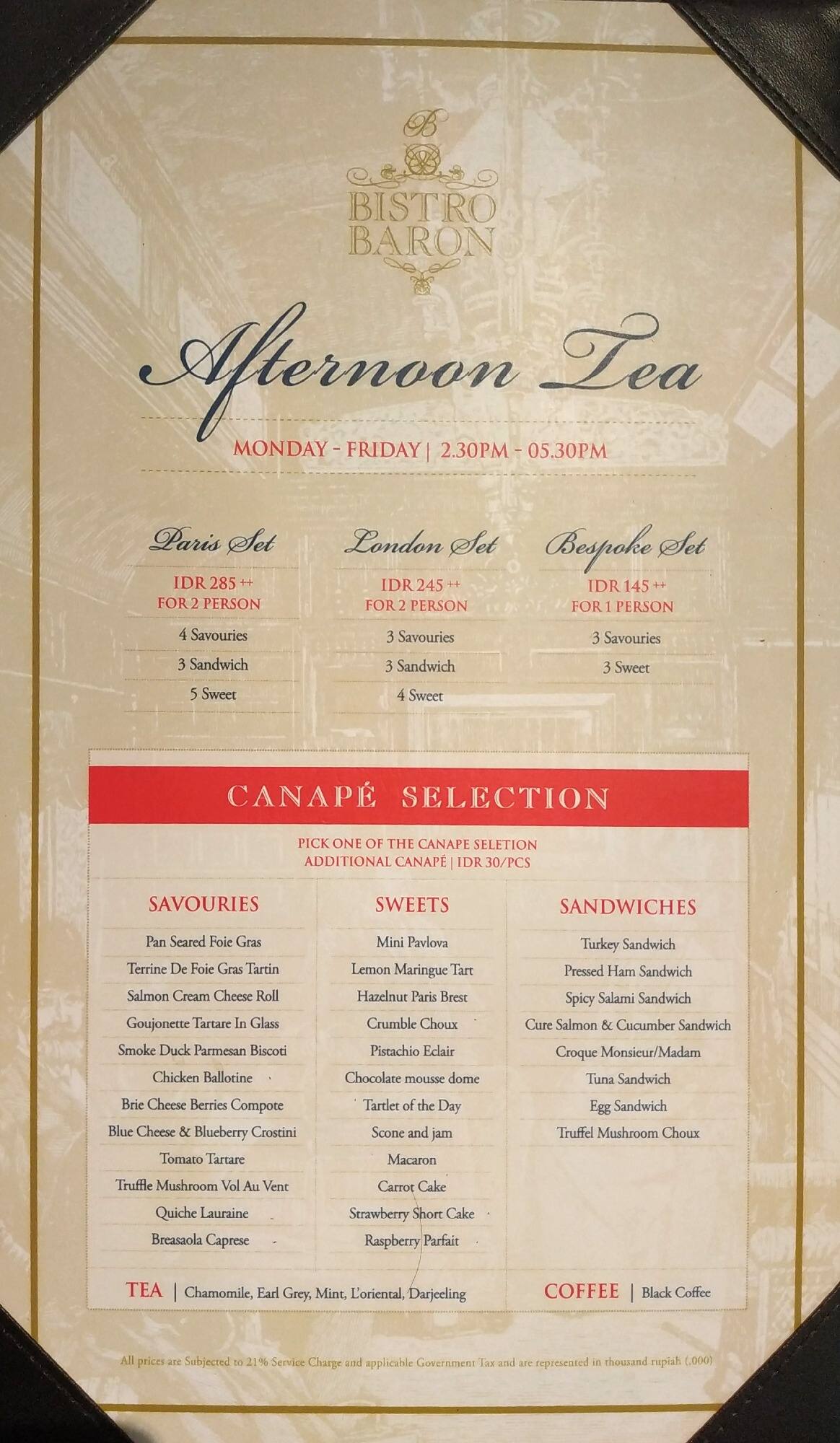 Menu at Bistro Baron, Jakarta, Jl. M.H. Thamrin No.28-30