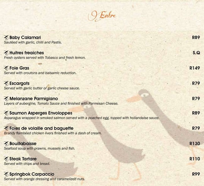 Menu at The Three Ducks Restaurant, Pretoria