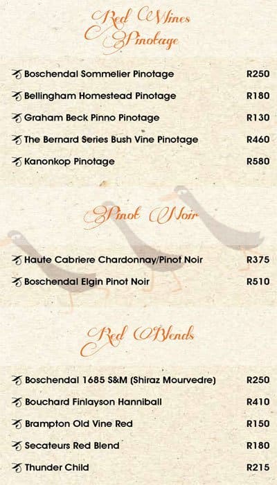 Menu at The Three Ducks Restaurant, Pretoria