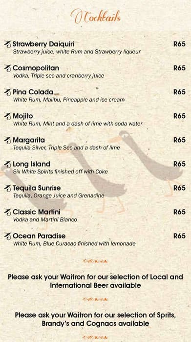 Menu at The Three Ducks Restaurant, Pretoria