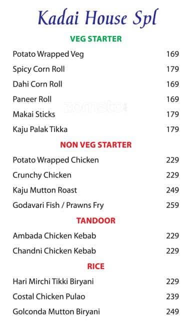 Menu at Kadai Restaurant, Hyderabad, F8W8+6R7
