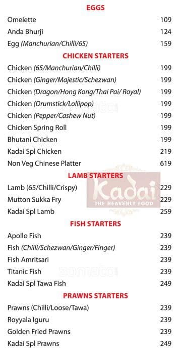 Menu at Kadai Restaurant, Hyderabad, F8W8+6R7