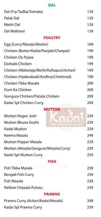 Menu at Kadai Restaurant, Hyderabad, F8W8+6R7