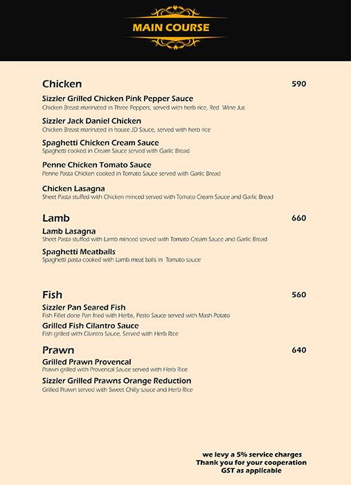 Menu at Firewater, Hyderabad