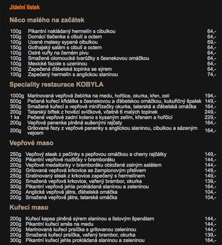 Menu at Restaurace Kobyla restaurant, Prague