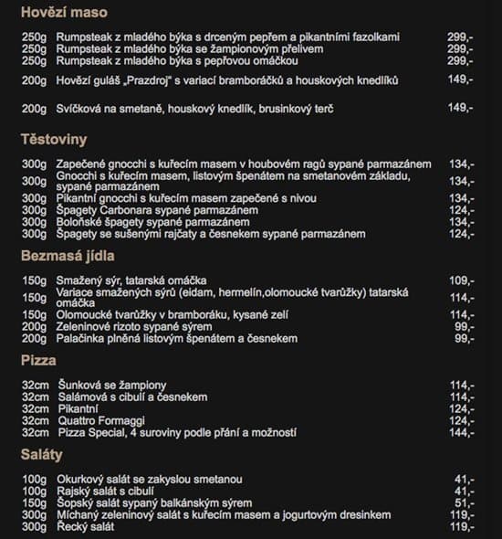 Menu at Restaurace Kobyla restaurant, Prague