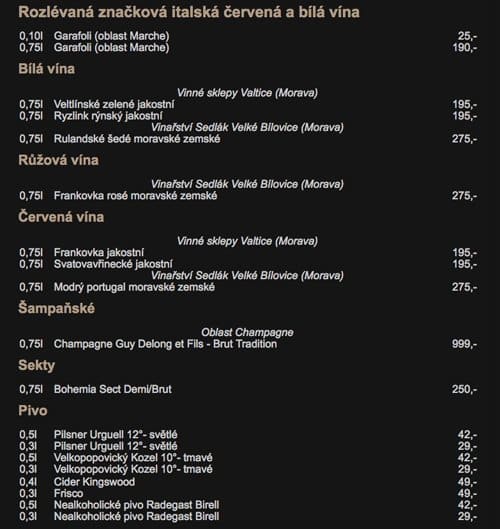 Menu at Restaurace Kobyla restaurant, Prague
