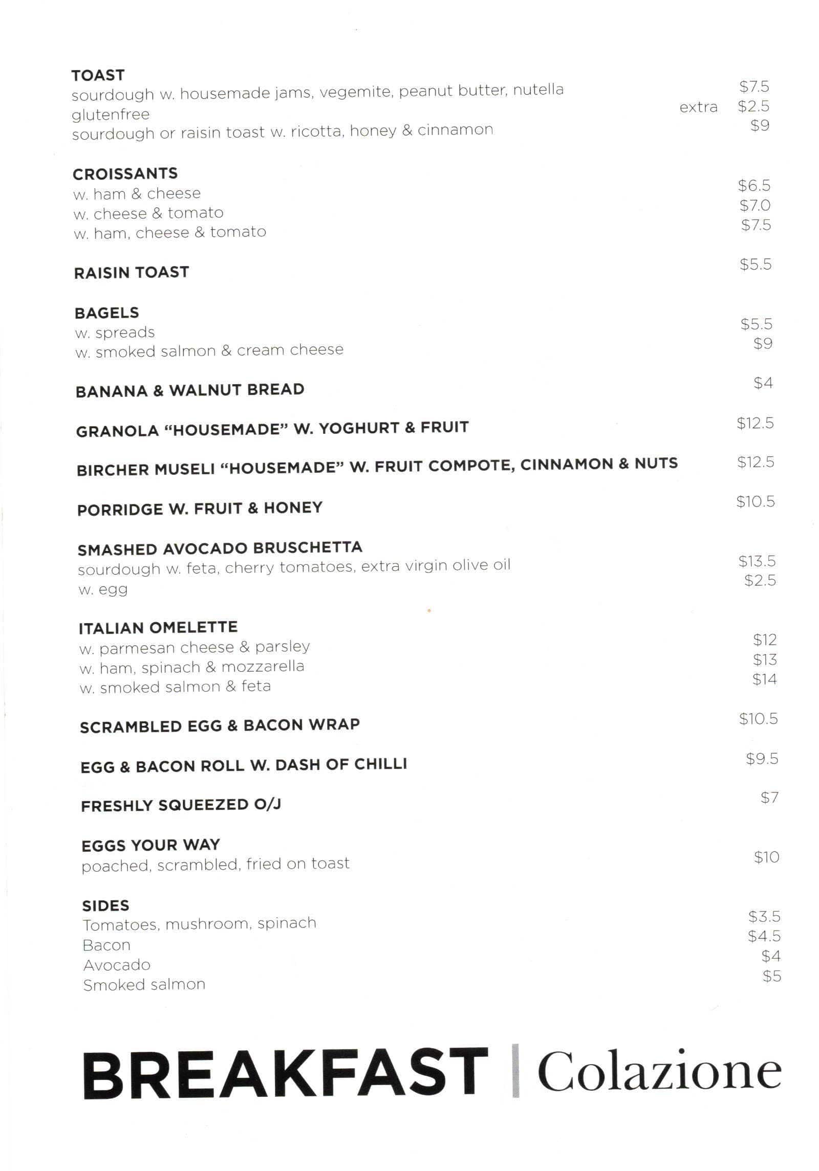 Menu at Cafe Intimo., Melbourne