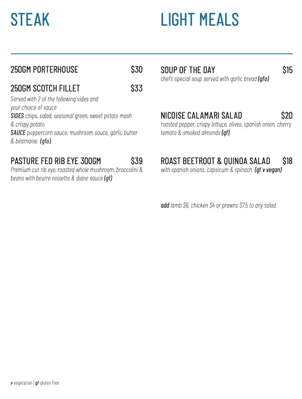 Menu at Aer Bar, Melbourne, 120 Exhibition St