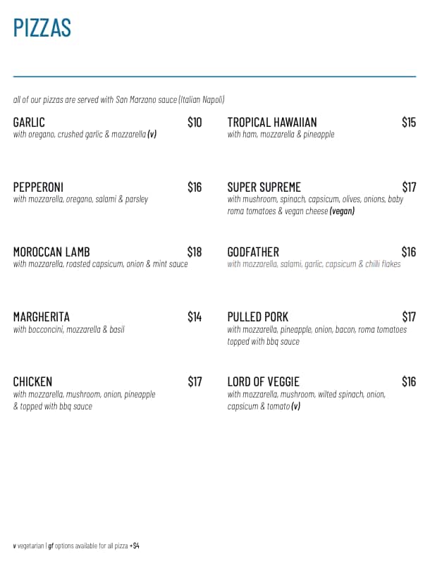 Menu at Aer Bar, Melbourne, 120 Exhibition St