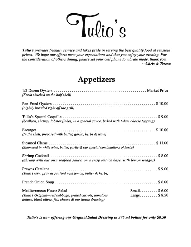 Menu at Tulio's Casita Ltd restaurant, Courtenay