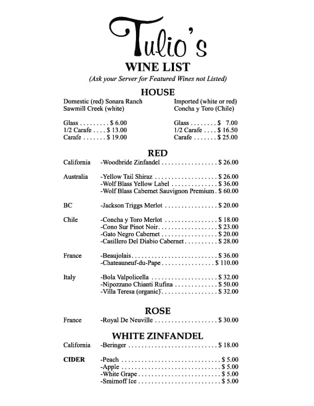 Menu at Tulio's Casita Ltd restaurant, Courtenay