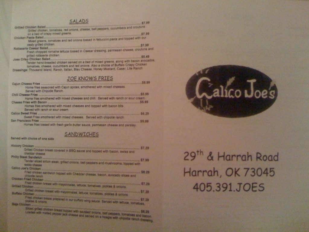 Menu at Calico Joe's pub & bar, Harrah, SE 29th St