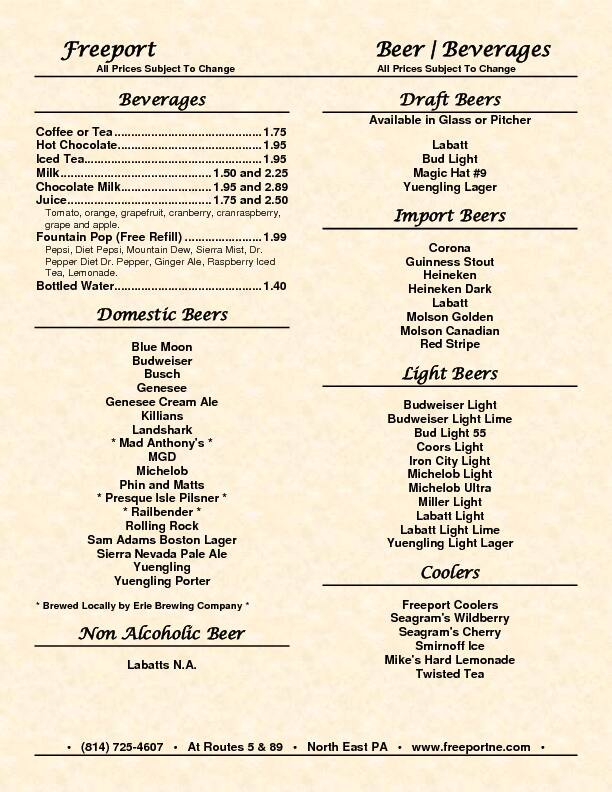 Menu at Freeport Restaurant, North East