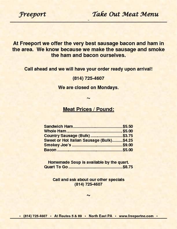 Menu at Freeport Restaurant, North East