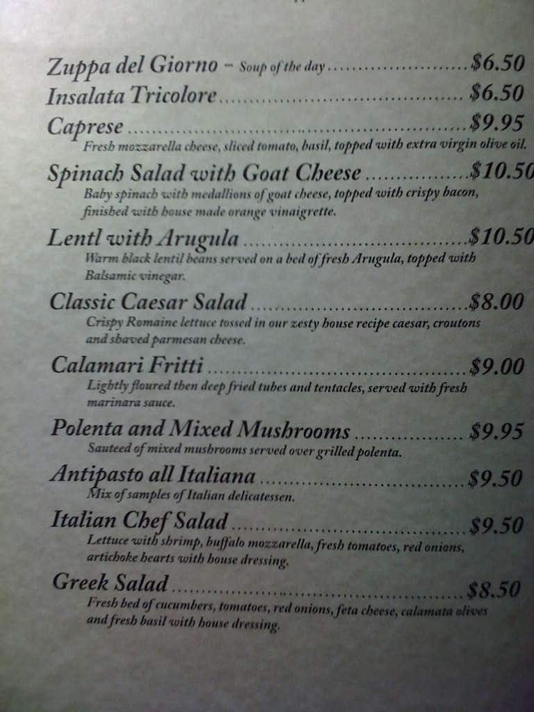 Menu at Via Roma steakhouse, Hot Springs