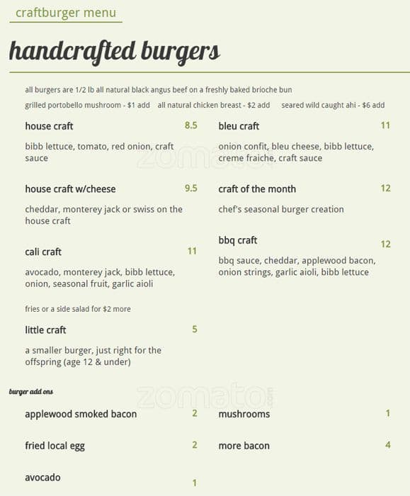 Craft Burger Menu, Menu for Craft Burger, Carlsbad, San Diego ...