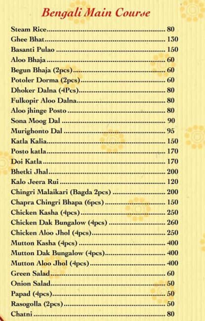 Menu of Khanti Damodaar Seth, Kalighat, Kolkata