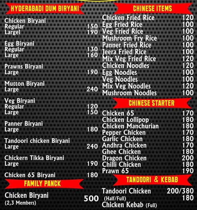 Menu of Hyderabadi Bhai Biryani, Egatoor, Chennai