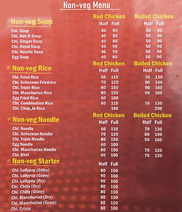 Menu of Milan Chinese, Kandivali East, Mumbai