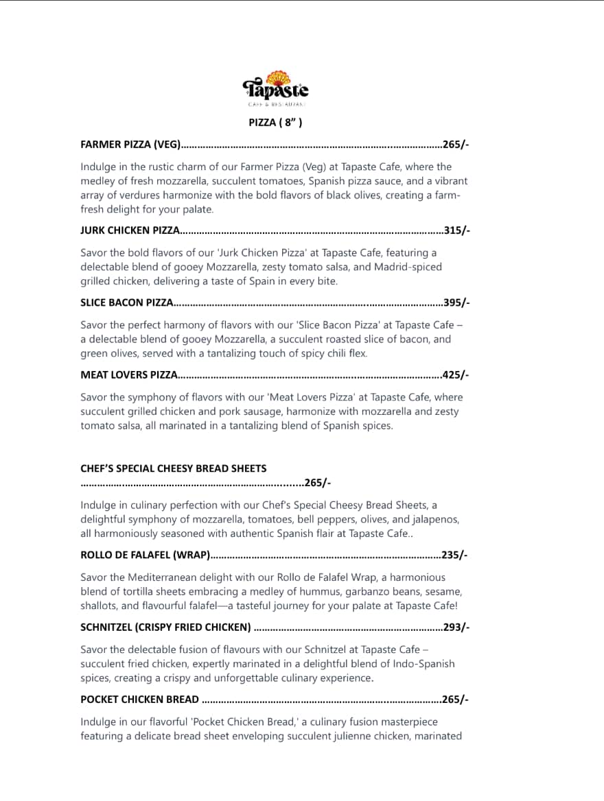 Menu of Tapaste, Hindustan Park, Kolkata