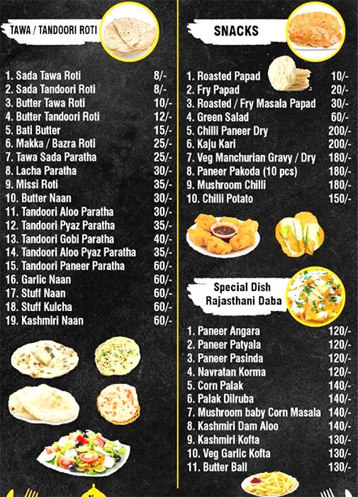Menu at New Rajasthani Dhaba, Kota