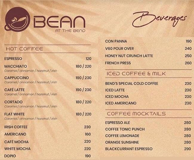 Menu of The Bend, Rajpur, Dehradun