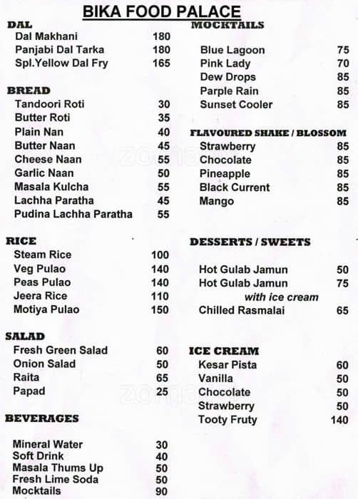 Menu at Bika Ji, Kolkata