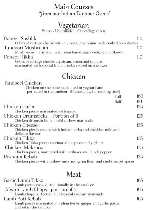 Menu at Bihari Indian Restaurant, Cape Town
