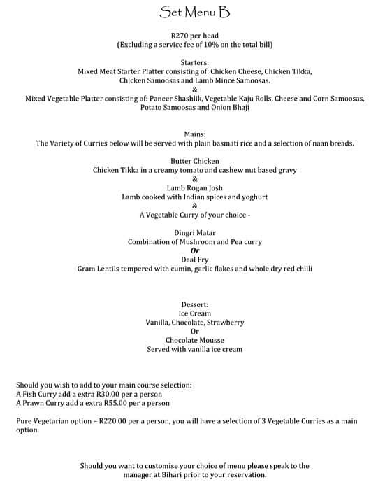 Menu at Bihari Indian Restaurant, Cape Town