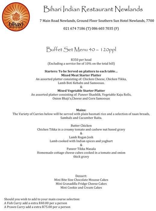Menu at Bihari Indian Restaurant, Cape Town