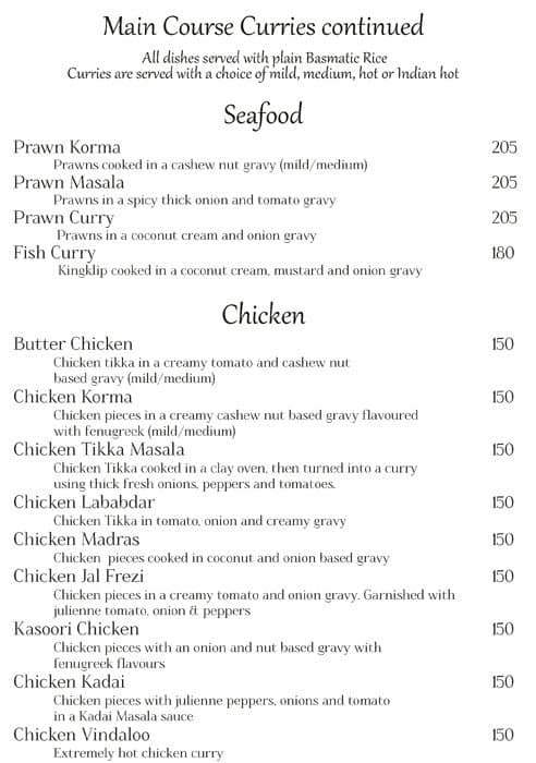 Menu at Bihari Indian Restaurant, Cape Town
