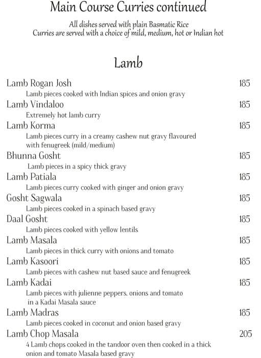 Menu at Bihari Indian Restaurant, Cape Town