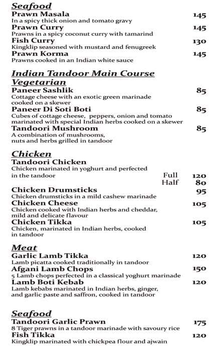 Menu at Bihari Indian Restaurant, Cape Town