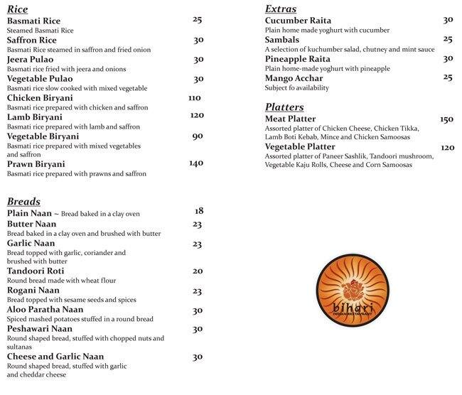 Menu at Bihari Indian Restaurant, Cape Town