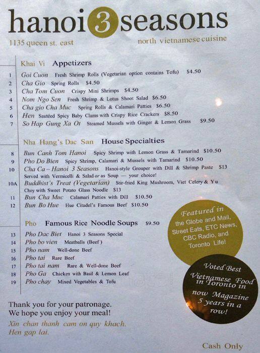 Hanoi 3 Seasons Menu, Menu for Hanoi 3 Seasons, Leslieville, Toronto ...