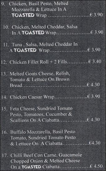 Menu at TOASTED cafe, Dublin