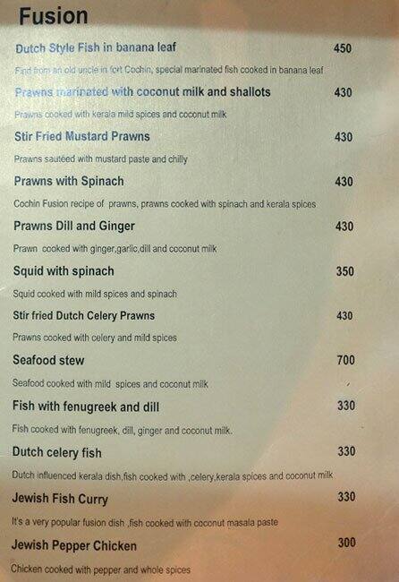 Menu at Fusion Bay, Kochi