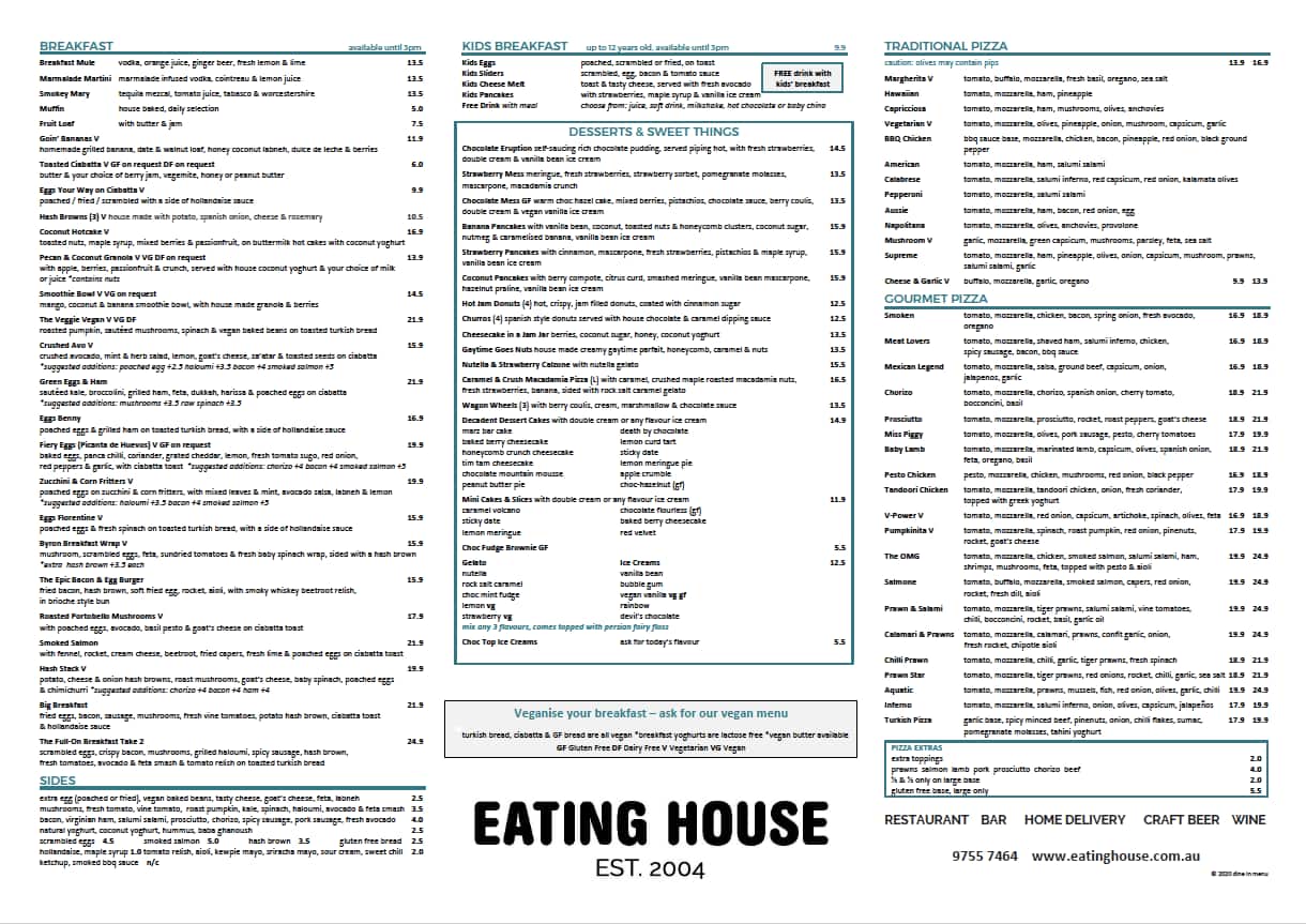 Menu at Eating House restaurant, Rowville, 17/1100 Wellington Rd