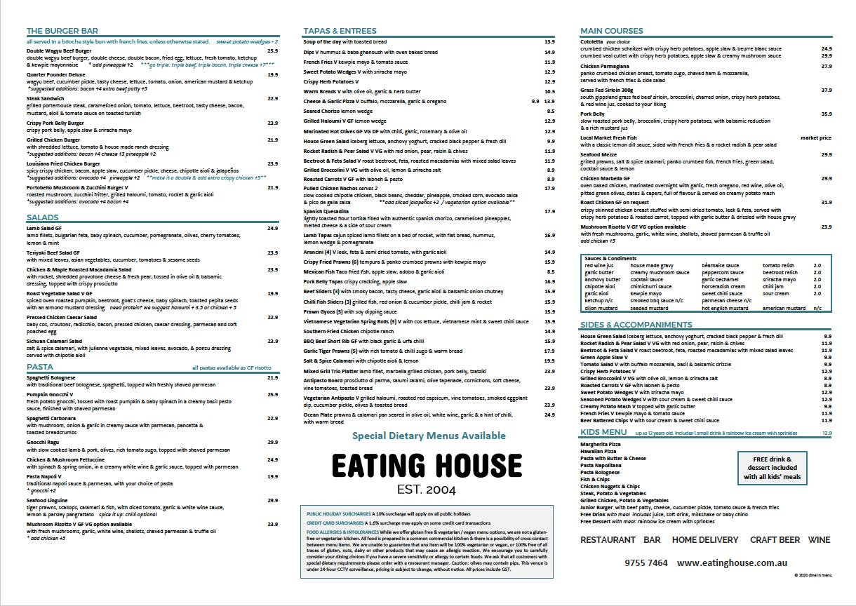 Menu at Eating House restaurant, Rowville, 17/1100 Wellington Rd