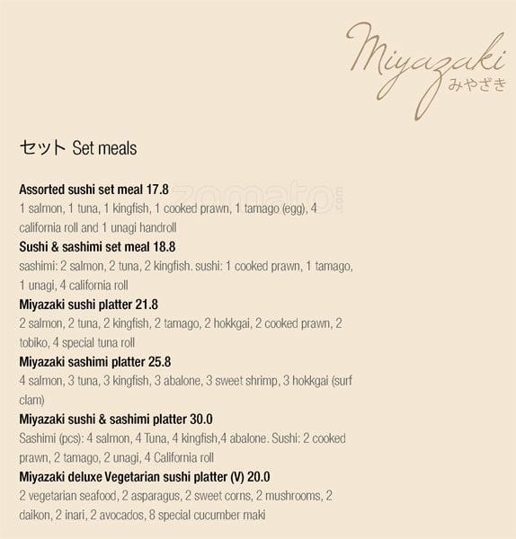 Menu at Miyazaki Japanese Restaurant, Hawthorn