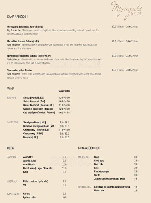 Menu at Miyazaki Japanese Restaurant, Hawthorn