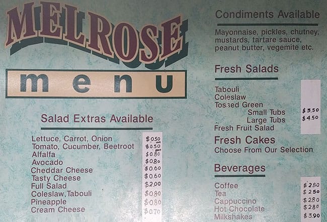 Menu at Melrose Take Away fast food, Melbourne